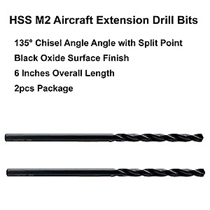 MAXTOOL 3/32"x6" 2pcs Identical Aircraft Extension Drills HSS M2 Extra Long Deep Twist Drill Bits Straight Shank Fully Ground Black; ACF02B06R06P2