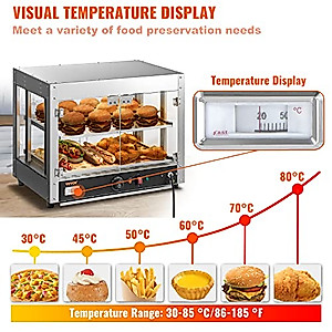 VEVOR Commercial Food Warmer Display, 2 Tiers, 800W Pizza Warmer w/ 3D Heating 3-Color Lighting Bottom Fan, Countertop Pastry Warmer w/Temp Knob & Display 0.6L Water Tray, Stainless Frame Glass Doors