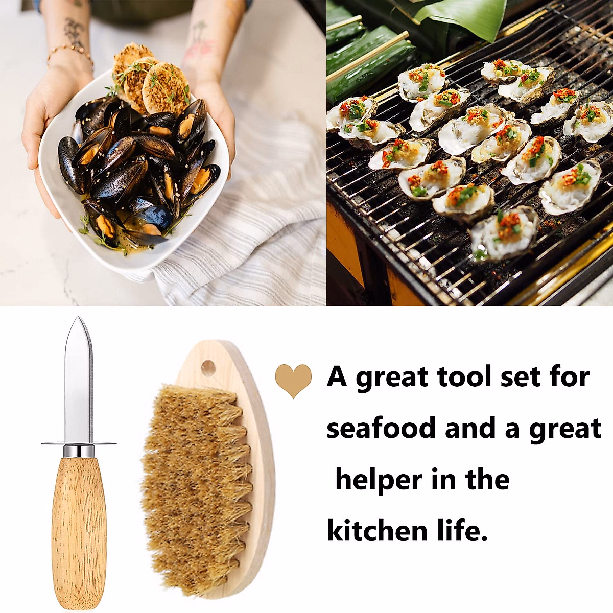 DXary Oyster Cleaning Brush Set, 2 Pieces Wood Oyster Brush with Oyster Shucking Knife Kit Natural Bristle Hair Hard Brush Suit For Kitchen Vegetable Oysters Seafood Brush Cleaning Tools (Wood)