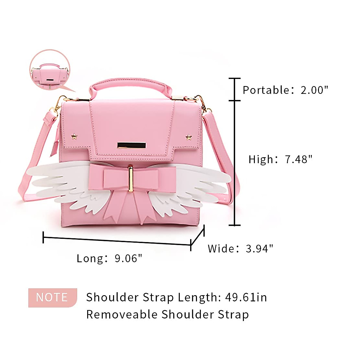 JHVYF Women's Cute Wings Bow Top Handle Cross Body Shoulder Bags Girls Kawaii Handbag Pink 354343