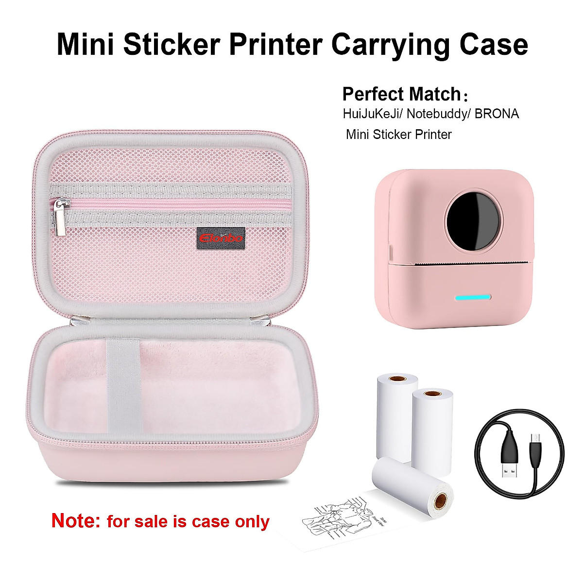 Elonbo Carrying Case Compatible with BRONA/Vicbear/HuiJuKeJi/Notebuddy/lazycozy Mini Sticker Printer, Bluetooth Smart Receipt Photo Printer Travel Bag, Inkless Thermal Printer Holder, Pink