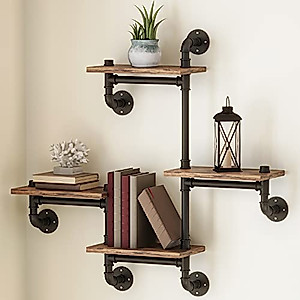 MAIKAILUN Industrial Floating Pipe Wall Mounted Shelves Rustic Modern Wood Shelving Bookcase 4 Layer Ladder Hanging Bookshelf for Home Bathroom Office Kitchen Decor(D)