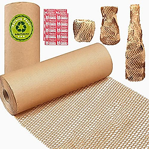 Honeycomb Packing Paper, HONSREO 15 Inches x 230 Feet Eco Friendly Recyclable Cushioning Material, Bubble Wrap for Moving Shipping Breakable Supplies with 20 Fragile Sticker Lables (Brown)