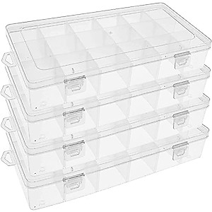 SGHUO 4 Pack 18 Plastic Organizer Box with Adjustable Dividers, Compartment Storage Container for Jewelry, Craft DIY, Bead, Sewing, Dip Powder, Hair Accessories, Thread