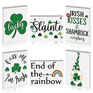 6 Pieces St. Patrick's Day Tiered Tray Decor Irish Wooden Signs Shamrock Tabletop Decor Lucky Gnome Rustic Sign St. Patrick's Day Decorations for Desk Home Wall Irish Decor 3.5 x 2.5 x 0.47 Inches