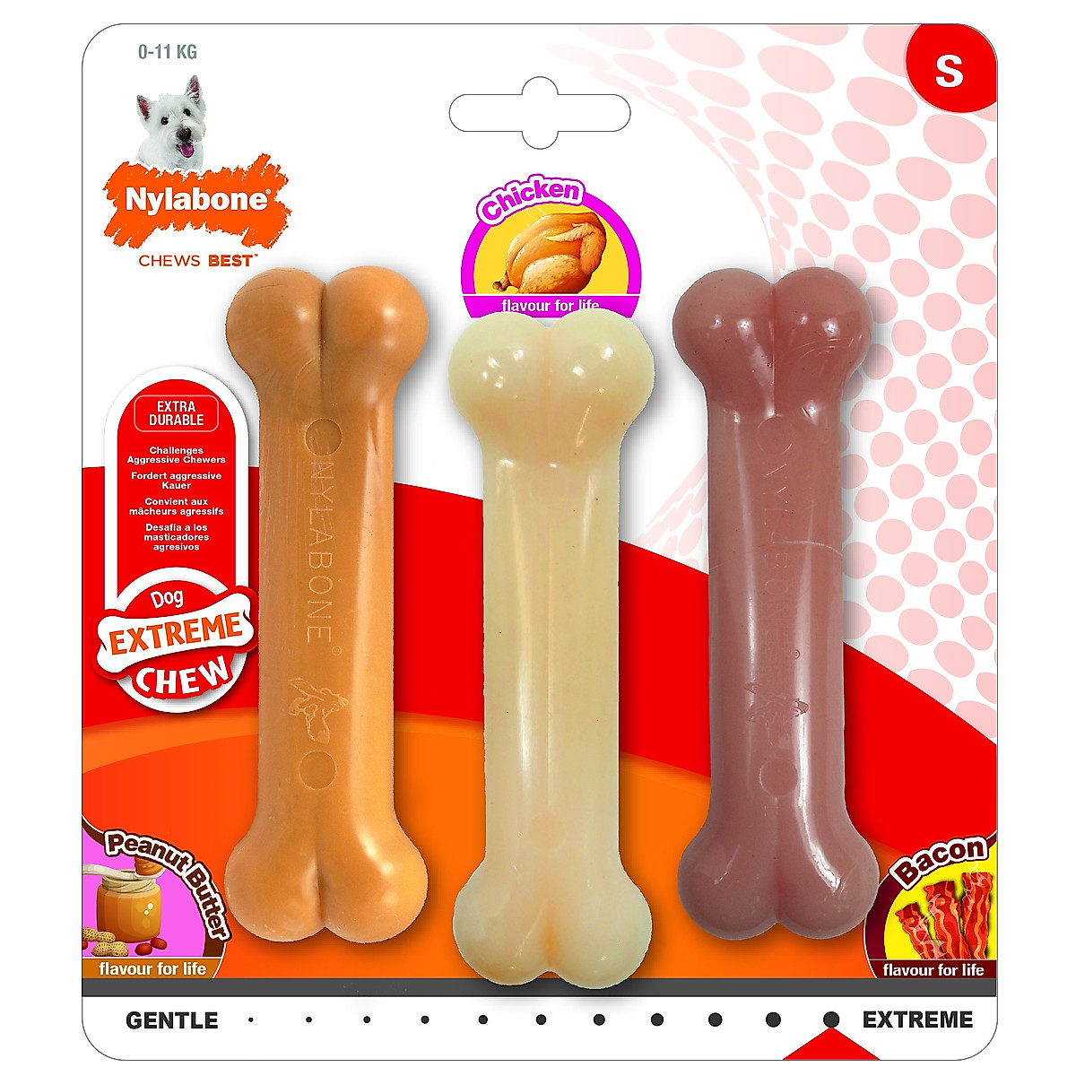 Nylabone Extreme Tough Dog Chew Toy Bones, Peanut Butter, Chicken, Bacon Flavoured, 3-Piece, Small, for Dogs Up to 11 kg