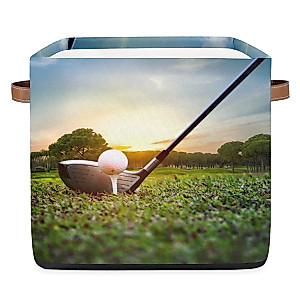 OMFUNS Sport Golf Ball Storage Basket 13x13 Art Painting Collapsible Cube Storage Bin with Handle Fabric Storage Box Organizing for Closet Shelf Home Office Dorm Nursery Toy Basket