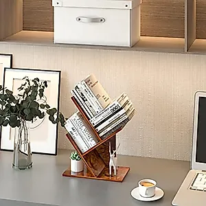 R RUISHENG Wood Tree Bookshelf, 3 Shelves Display Bookcase for Books/Magazines/CDs, Desk Standing Book Shelves Organizer for Office, Bedroom, Living Room