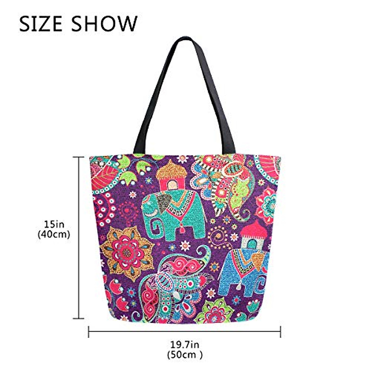 ALAZA Large Canvas Tote Bag Cute Indian Floral Elephant Shopping Shoulder Handbag with Small Zippered Pocket