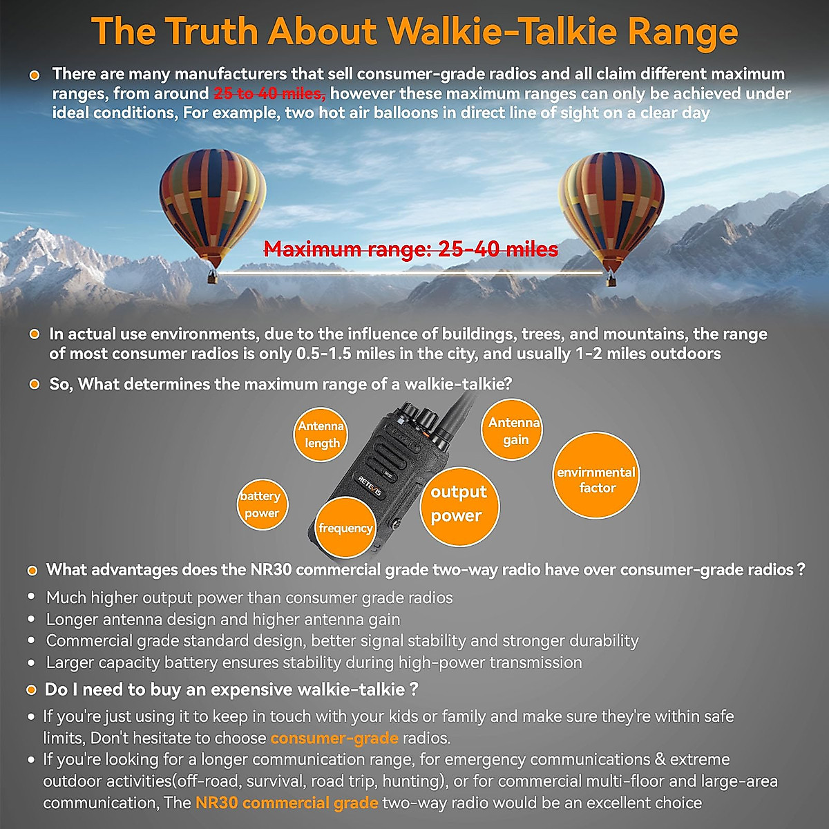 Retevis NR30 Long Range Walkie Talkies, Professional GMRS IP67 Waterproof 2 Way Radios, 2800mAh, Noise Cancelling, for Adult Survival Mountain Emergency Business(2 Pack)