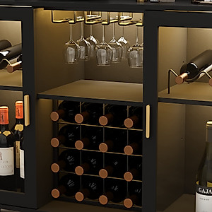 Gyfimoie Modern Wine Bar Cabinet with LED Light, Home Coffee Cabinet w Wine Rack and Glass Holder, Kitchen Sideboard Buffet Cabinet w Storage Shelf, Freestanding Liquor Cabinet w Glass Door (Black)