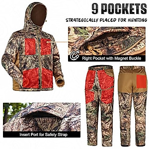 HUNT MONSTER Silent Hunting Clothes for Men, Safety Strap Compatible Hunting Jacket and Pants with Fleece Lining, Quiet, Winter Warm, Water Resistant and Insulated(XL)