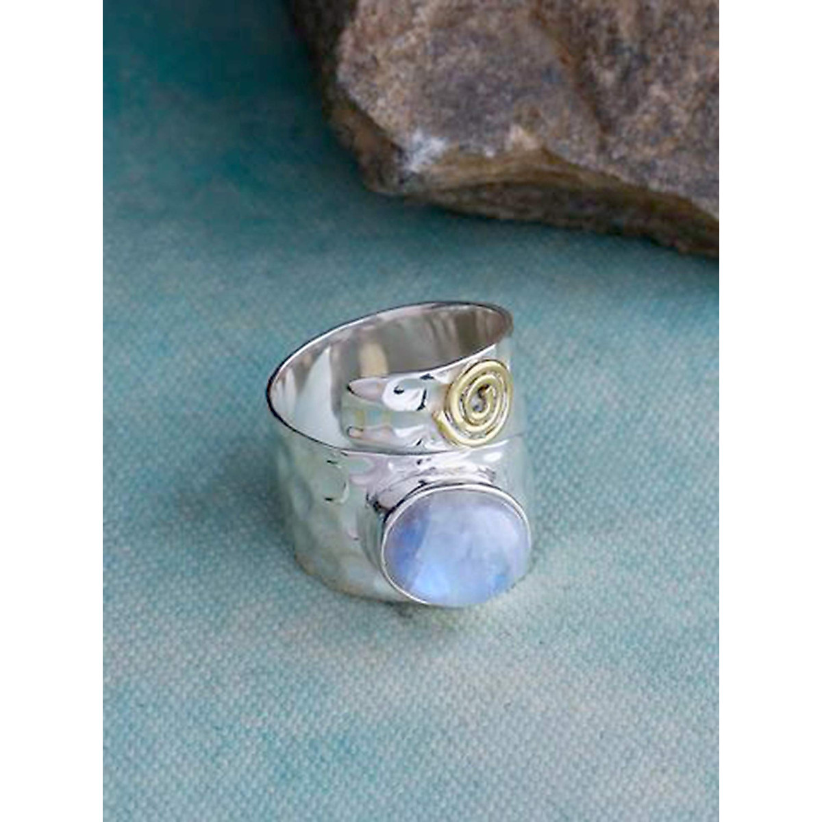 YoTreasure Natural Moonstone Solid 925 Sterling Silver Brass Hammered Finish Ring