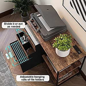 VEDECASA Lateral File Cabinet with 3 Fabric Drawer fits A4 Letter Size Open Storage Shelf Socket and Power Outlets USB Charging Port Mobile Printer Stand for Home Office (Brown)