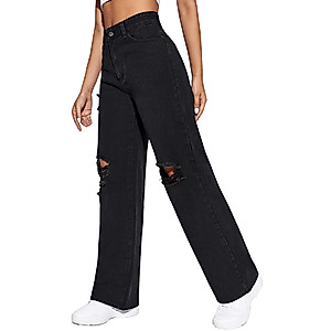 SweatyRocks Women's High Waist Slant Pocket Denim Jeans Ripped Straight Leg Pants Plain Black M