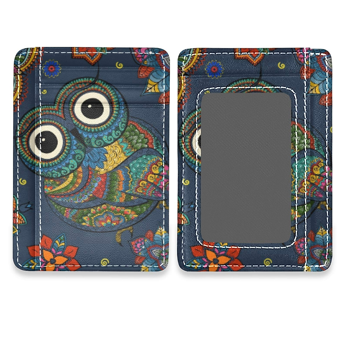 Linomo Thin leather Card Holder and Money Clip Ethnic Owl Flower Wallet RFID Blocking for Men & Women