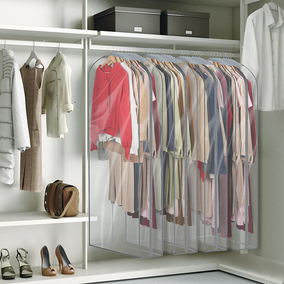 Zilink 10" Gusseted All Clear Hanging Clothes Bag 60" Dress Bags for Gowns Long Garment Bags for Hanging Clothes with Smooth Side Zipper Dust Proof Coat Dress Bags for Storage, 4 Packs