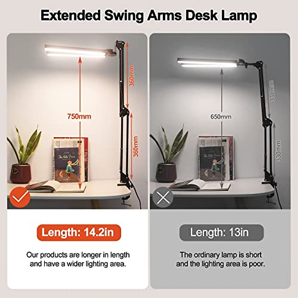EOOKU LED Desk Lamp, Extended Swing Arm Desk Lamps for Home Office, 24W Architect LED Table Lamp, 14.2'' Adjustable Gooseneck Arms, Eye-Caring Black Desk Lamp