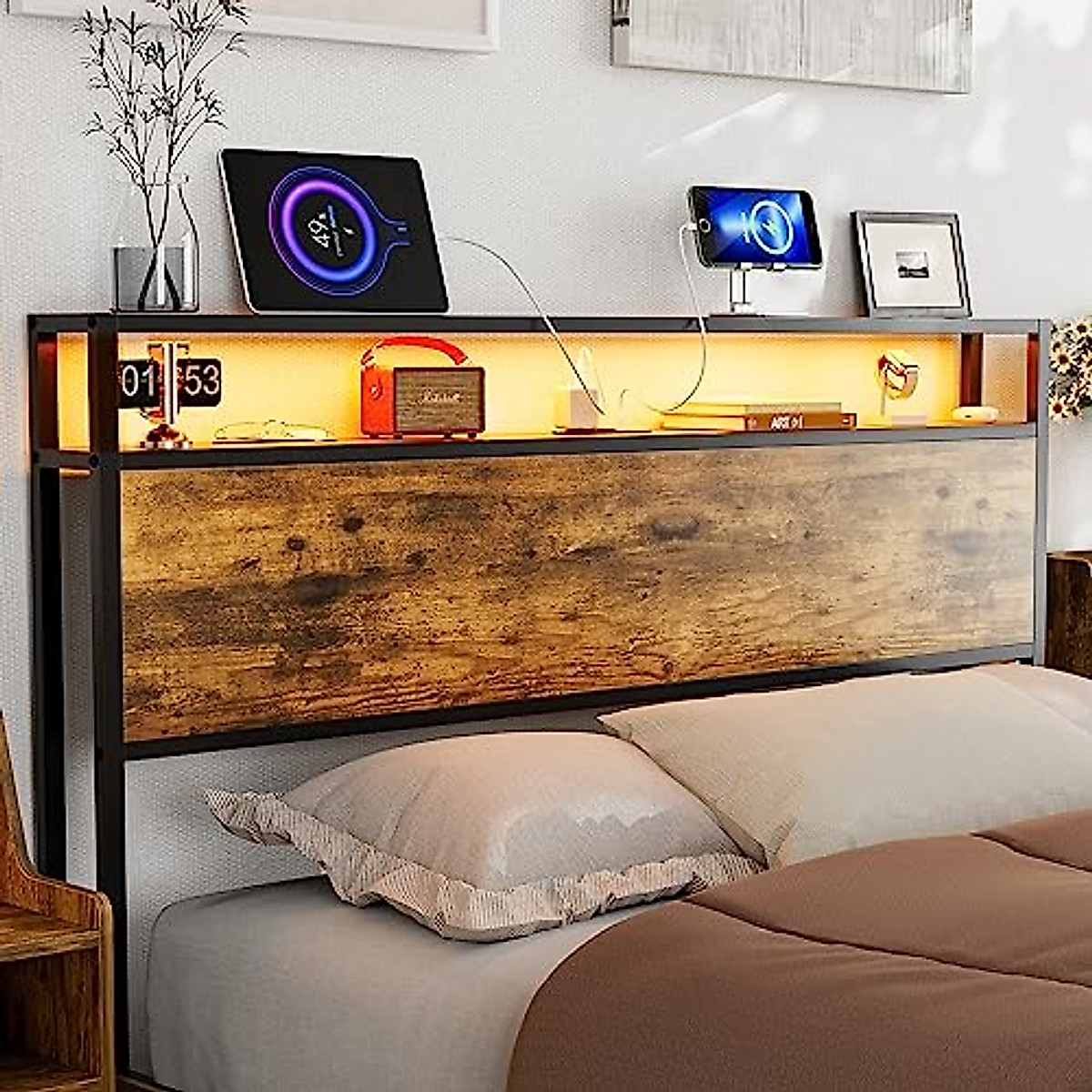 IKIFLY Queen Size Storage Headboard with LED Lights & Charging Station - Industrial Metal and Wood Queen Headboard Only for Bedroom, Attach Frame, Easy Assembly - Rustic Brown