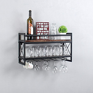 MBQQ Wine Rack Stemware Glass Rack,Industrial 2-Tier Wood Shelf,36" Wall Mounted Wine Racks with 8 Stem Glass Holder for Wine Glasses,Mugs,Home Decor,Black