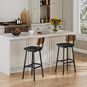 HOOBRO Bar Stools, Bar stools Set of 2 PU Upholstered Tall Bar Chairs, Barstools with Backrest and Footrests, for Kitchen, Dining Room,Bar, Cafe, Rustic Brown and Black BF84BY01