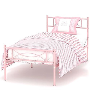 Pink Twin Bed Frame for Girls, Bed Mattress Foundation Support with Headboard and Footboard No Box Spring Need Metal Platform Bed