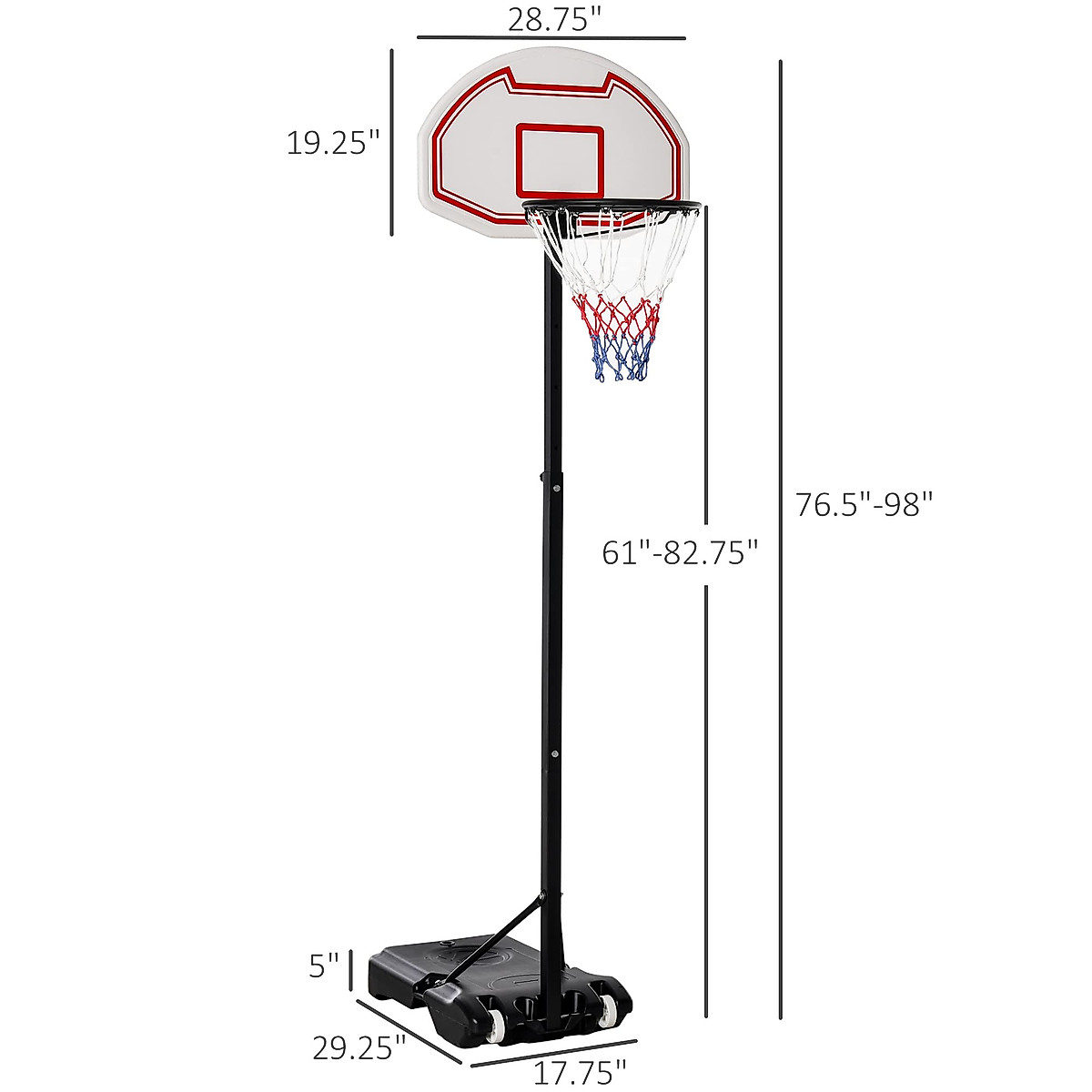 Soozier Portable Basketball Hoop Stand, Height-Adjustable Basketball System with 29'' Backboard and Wheels for Indoor and Outdoor Use, Pure White