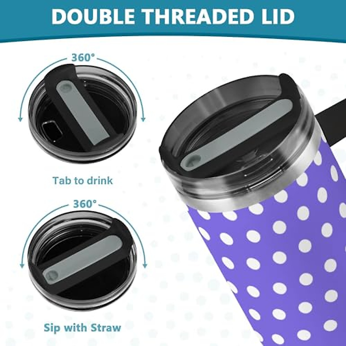 Flradish 30oz Tumbler with Handle, Polka Dots Purple White Stainless Steel Tumbler with Lid and Straws Double Wall Vacuum Insulated Leakproof Coffee Travel Mug