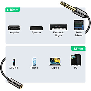 J&D 1/4 inch to 3.5mm Headphone Adapter, Gold Plated Copper Shell 3.5mm 1/8 inch Female TRS to 6.35mm 1/4 inch Male TRS Stereo Audio Cable for Guitar Amp, Amplifiers,headphones extension cable, 9 Feet