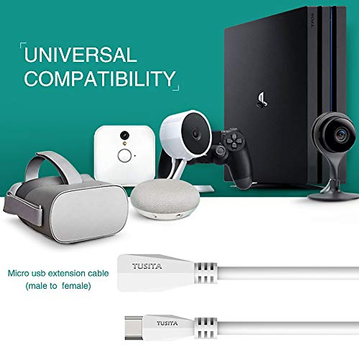 TUSITA Micro USB Power Extension Cable (20ft 6M) - Male to Female Extender Cord Replacement for Blink XT2 Outdoor Indoor Home,Ring Stick Up Solar Panel,Arlo Pro,Zmodo - Security Camera Accessories