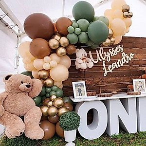 Monlot Sage Green Brown Balloon Garland Kit 135 Pcs Woodland Baby Shower Decorations Safari Balloon Arch Metallic Gold Nude Matte Balloons for Baby Shower Jungle Birthday Party Decorations