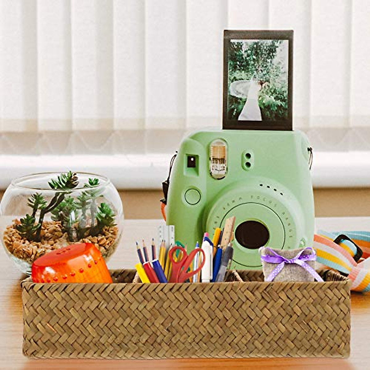 YARNOW Woven Shelf Baskets Storage Baskets Seagrass Wicker Baskets Makeup Holder Organizer Divided Storage Bins Box Container Sundries Organizer Cosmetic Storage Box for Bedrooms Home