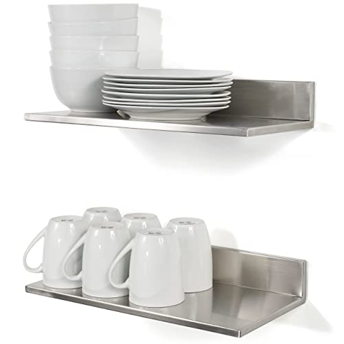Wallniture Plat 15.8" Kitchen Floating Shelves and 30.75" Steel Shelves Bundle Restaurant Bar Cafe & Home Kitchen Organization Silver