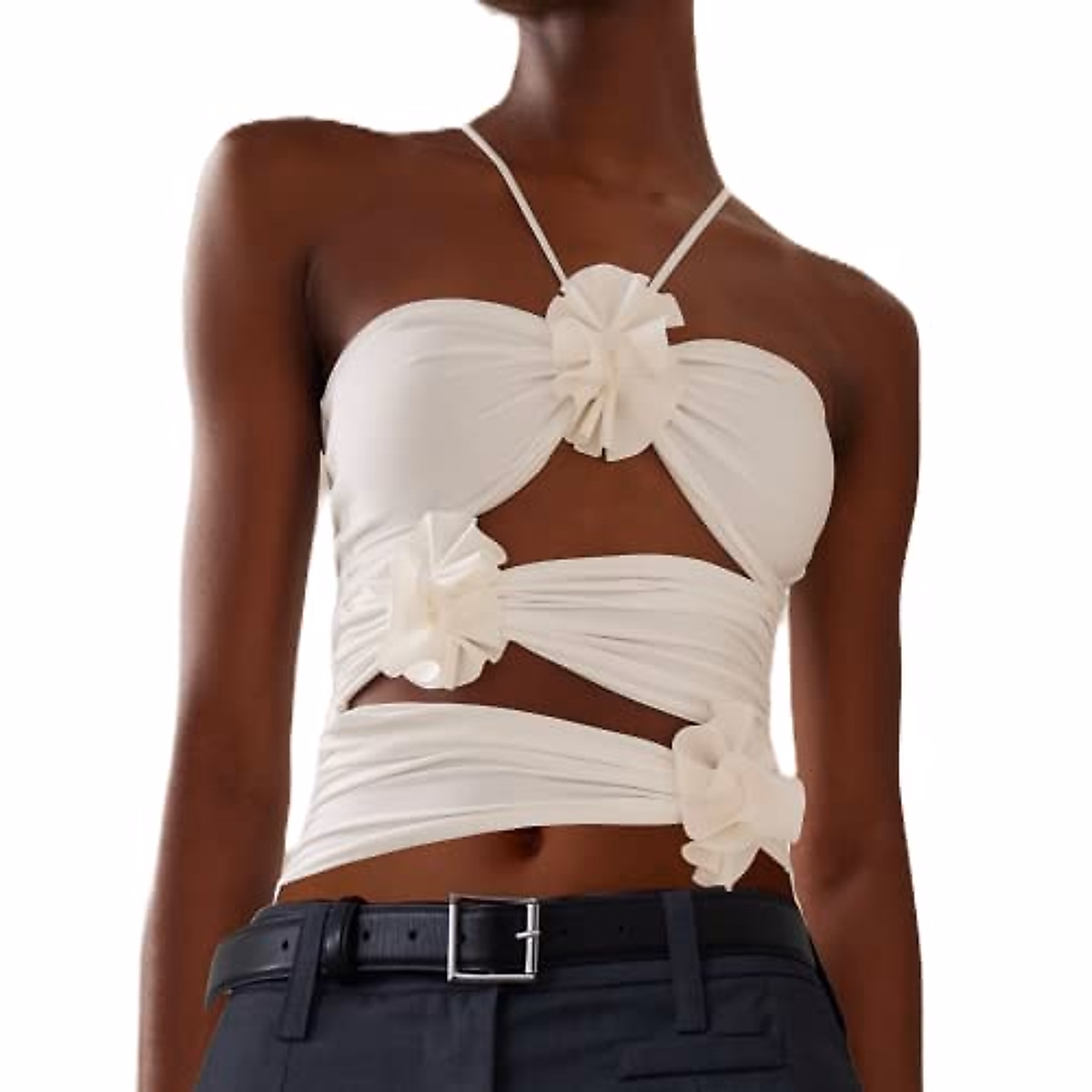 KMBANGI Floral Sexy Tank Top Women Y2k Ruffles Frill Halter Crop Tops Sleeveless Off Shoulder Backless Flower Tube Top (Hollow Floral White,S)