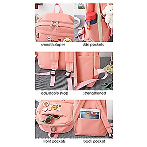 5pcs Cute Aesthetic Backpack Set for Girls Kawaii Large Canvas Shoulder Bag Preppy School Accessories (Purple)