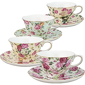 Gracie China by Coastline Imports Rose Chintz 8-Ounce Porcelain Tea Cup and Saucer, Set of 4
