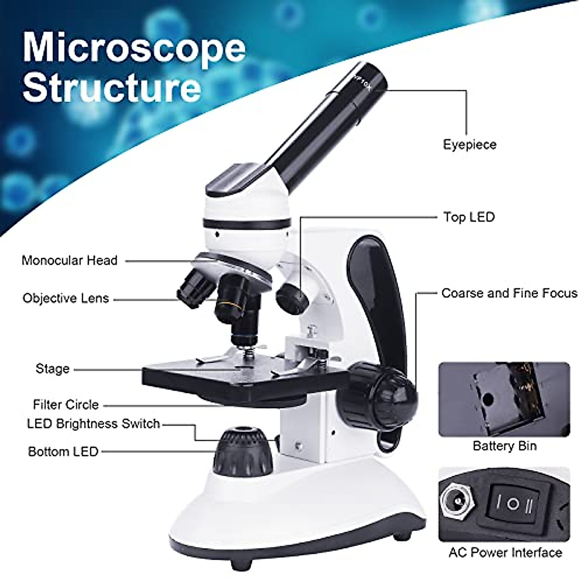 Monocular Microscope for Adults Students,40X-2000X Magnification,Dual LED Illumination Beginners Microscopes with Science Kits,Phone Adapter,Carrying Case,AC Adapter,15 Slides for Lab Class Study