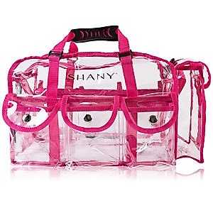 SHANY Clear PVC Makeup Bag - Large Professional Makeup Artist Rectangular Tote with Shoulder Strap and 5 External Pockets - PINK