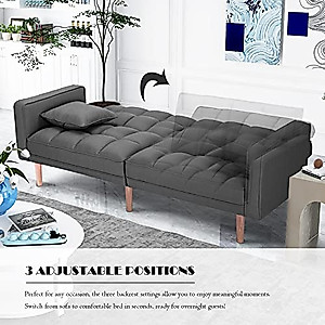 SoarFlash Modern Upholstered Convertible Futon Sofa Bed, Mid-Century Fabric Multi-Function Loveseat Sofa Twith 3 Adjustable Backrests and 5 Solid Wooden Legs (Deep Grey)