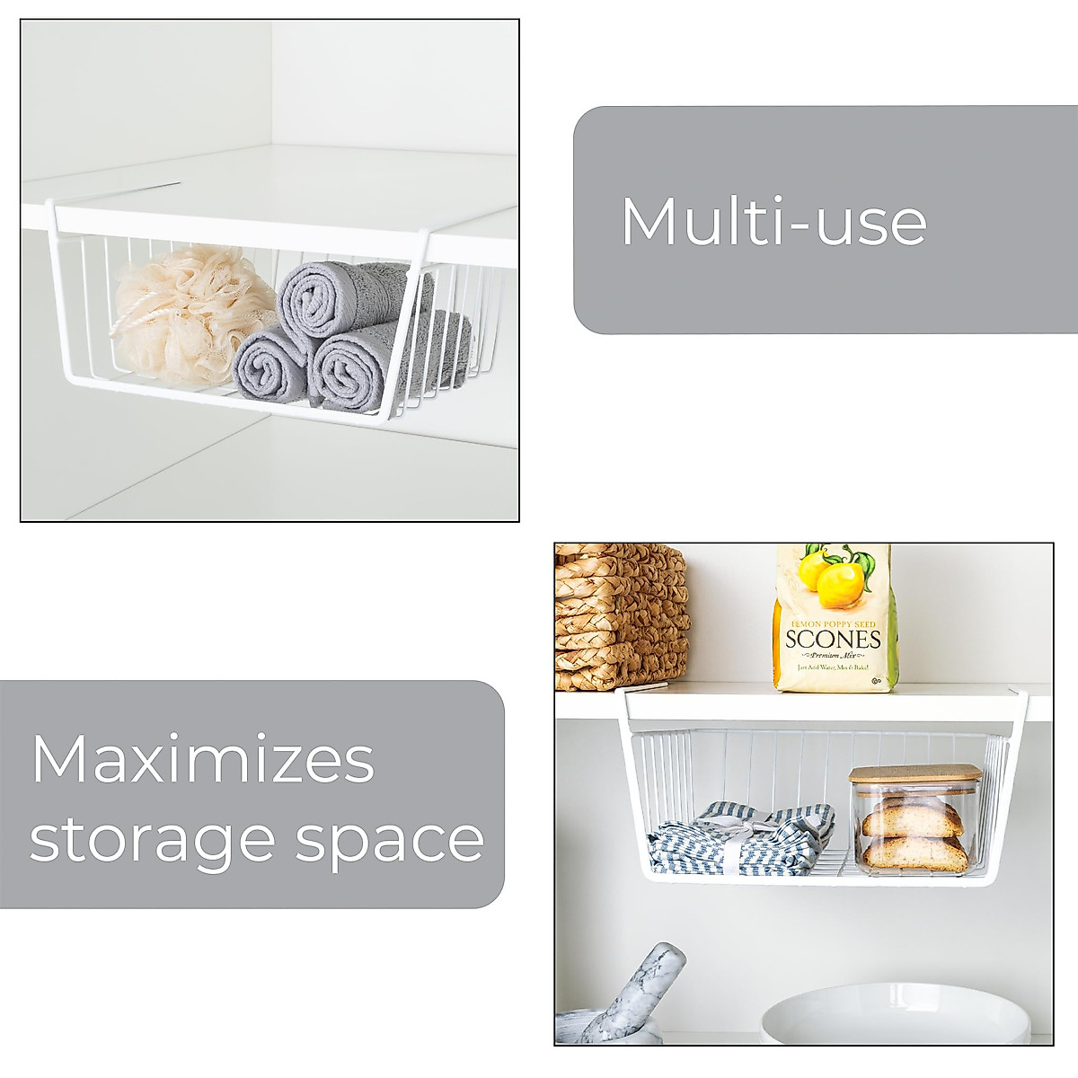 Smart Design Undershelf Storage Basket - Small - Snug Fit Arms - Steel Metal Wire - Rust Resistant Finish - Cabinet, Pantry, Shelf Organization - Kitchen (12 x 5.5 Inch) [White]