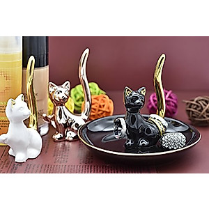 Exembe Happy Cat Posture Trinket Tray Decorative Ring Holder Jewelry Storage Dish Black/Golden Tail