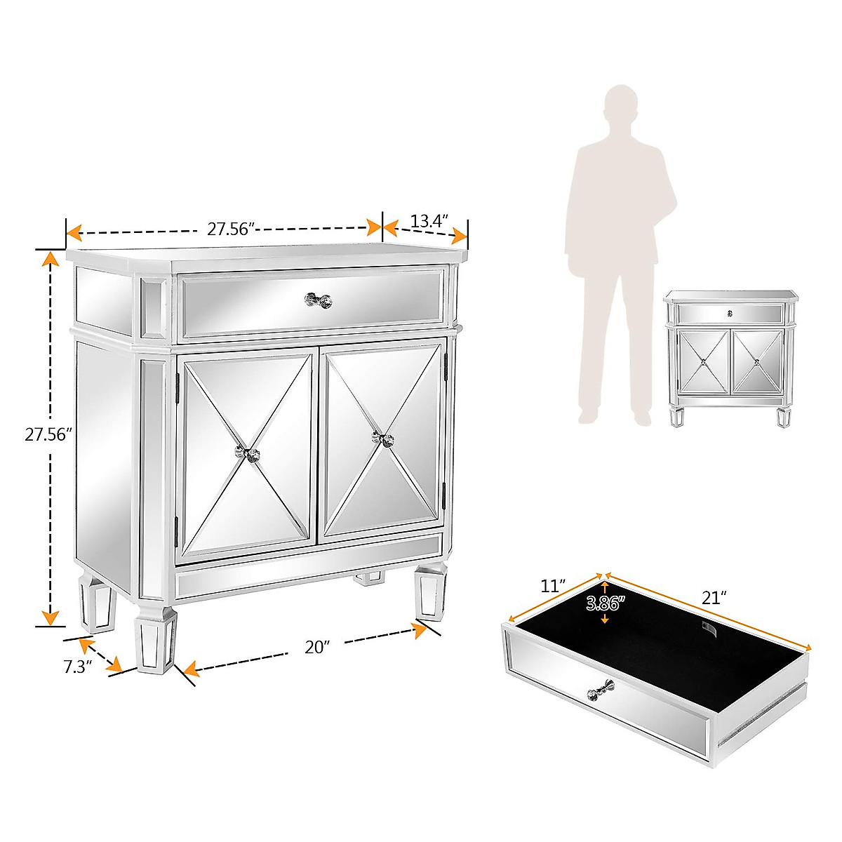 VINGLI Mirrored Cabinet, Mirrored Nightstand, Mirrored Dresser Accent Chest, Large Mirror Nightstand with 1 Drawer and Two Doors, 27.5”W x 13.4”D x 27.5”H, Mirror
