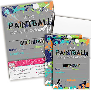 Paintball Themed Birthday Party Invitations, 20 5x7 Fill In Cards with Twenty White Envelopes by AmandaCreation