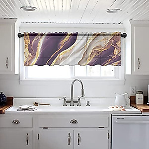 ZOE GARDEN Marble Purple Valance Curtains for Kitchen/Living Room/Bathroom/Bedroom Window, Rod Pocket Small Topper Half Short Window Curtains Voile Sheer Scarf, Abstract Gold White Modern Art 54"x18"