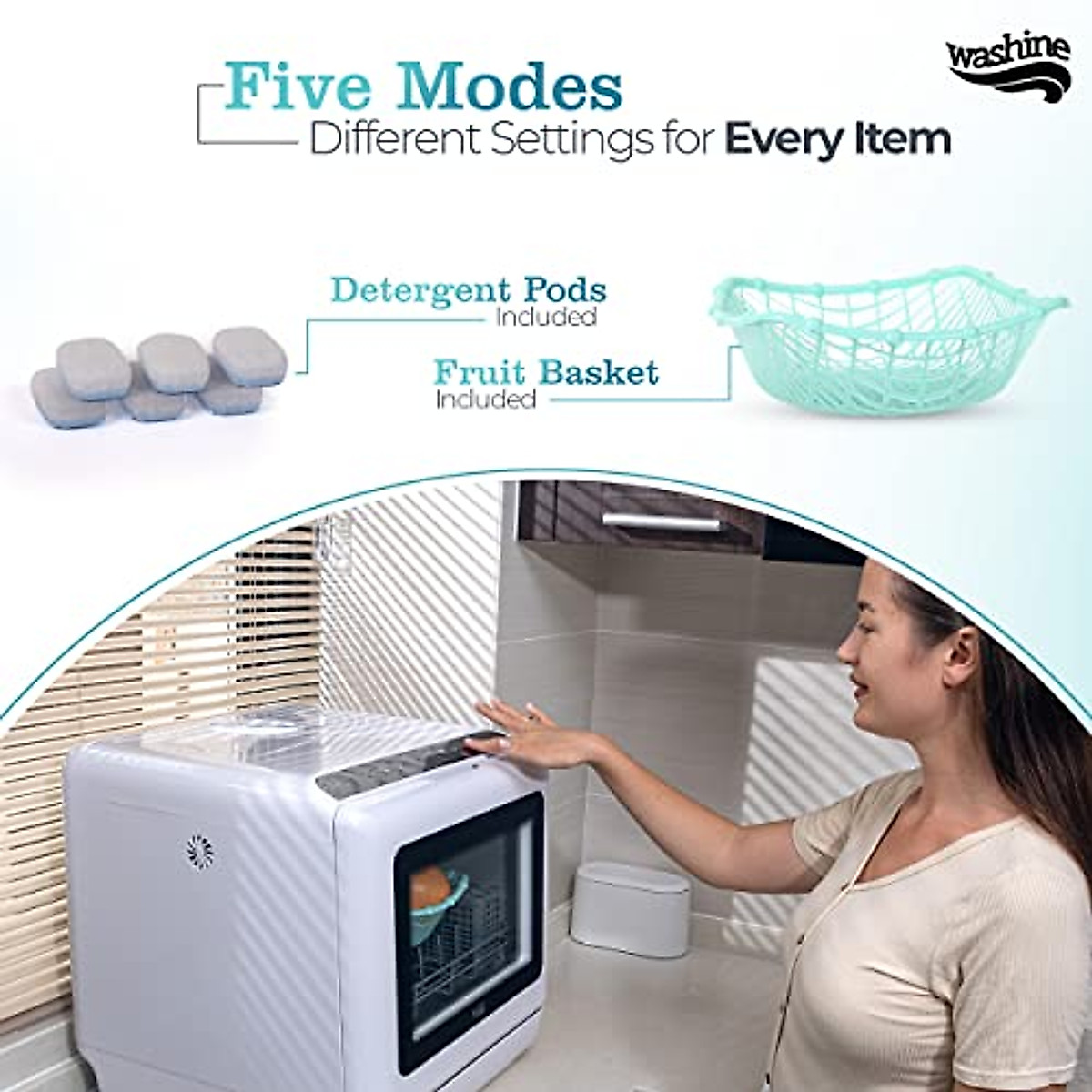 Washine Countertop Dishwasher Machine - Efficient Personal Dishwasher - RV Dishwasher with 5 Speedy Wash Cycles & Air Drying - Apartment Dishwasher with Dual Tank/Faucet Mode