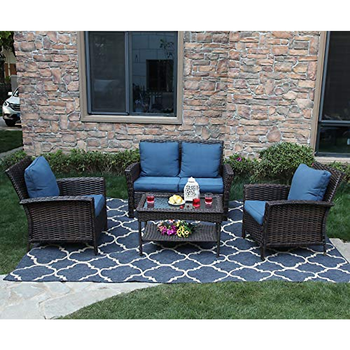 PHI VILLA 4 PCs Outdoor Patio Furniture Conversation Set Wicker Rattan Sofa Set with Coffee Table, Blue Padded Cushion for Garden, Lawn and Deck