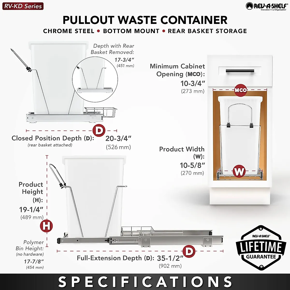 Rev-A-Shelf RV-12KD-17C Single 35 Quart Kitchen Cabinet Pull-Out Trash Can Waste Bin Container with Rear Storage and Chrome-Plated Wire Bottom Mount