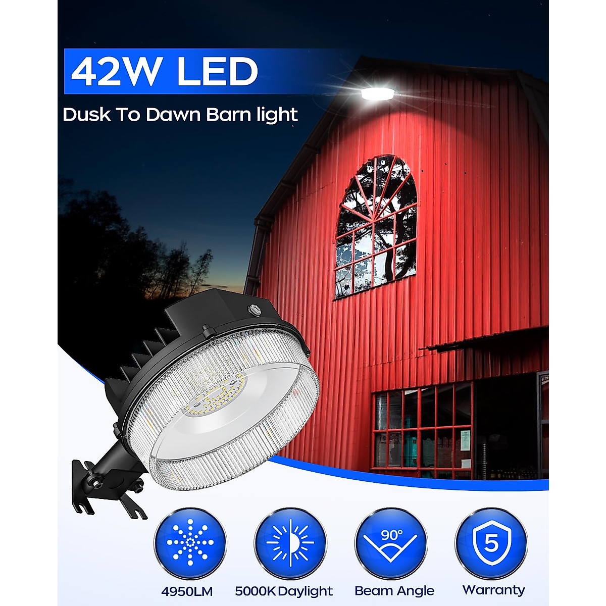 CINOTON 42W LED Barn Light Dusk to Dawn Outdoor Lighting, Black 1 Pack & 26W LED Wall Pack Light with Dusk to Dawn Sensor Warm White 2 Pack-Gray