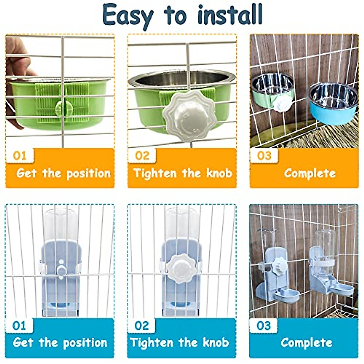 Hamiledyi Crate Bunny Food Bowl Removable Stainless Steel Pet Dog Cage Dual Bowls Plastic Hanging Water Fountain Automatic Bottle Food & Water Feeder Coop Cup for Rabbit Cat Puppy Guinea Pigs 3PCS