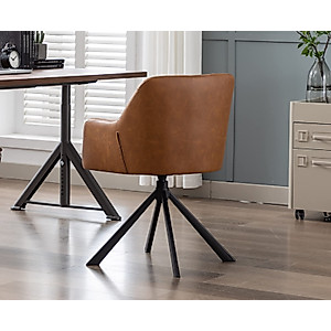 EALSON Comfy Leather Desk Chair Modern Computer Task Chair no Wheels Swivel Accent Chair with Mid Back Arm Chair for Living Room/Bedroom/Home Office, PU Brown